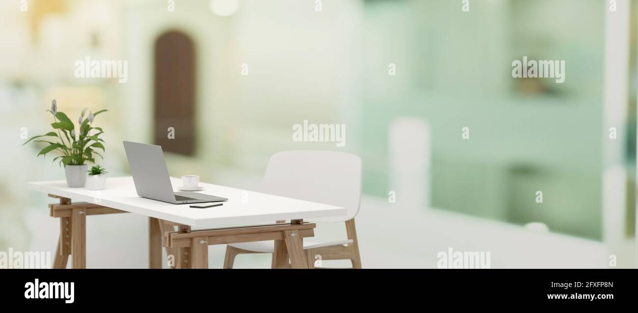 3D rendering, side view of office interior with simple office desk with ...