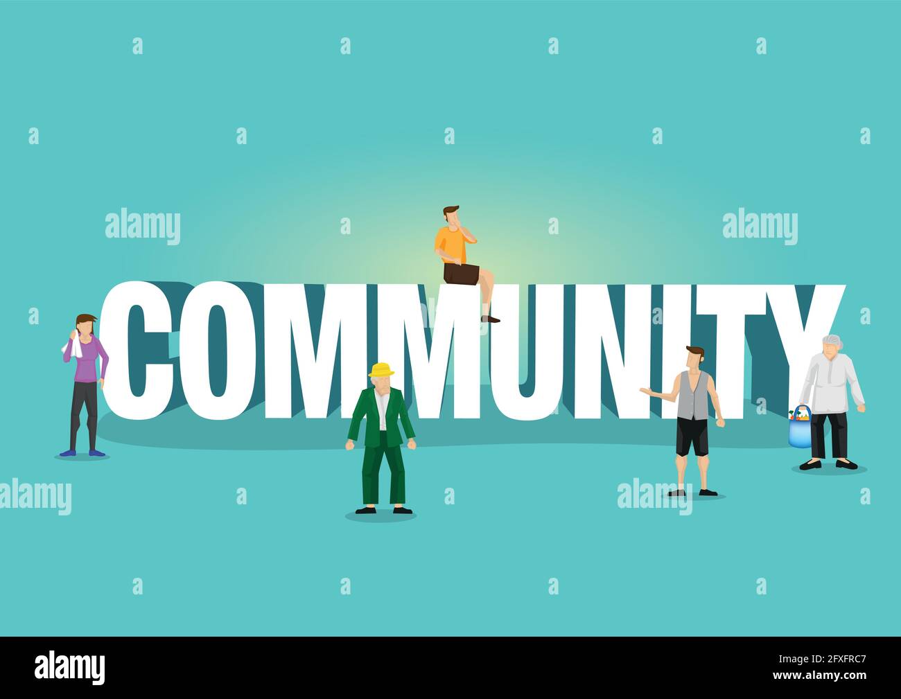 Group of people standing and sitting around the giant font community ...