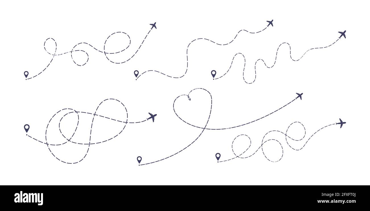 Airplane dashed line path flat style design vector illustration set ...