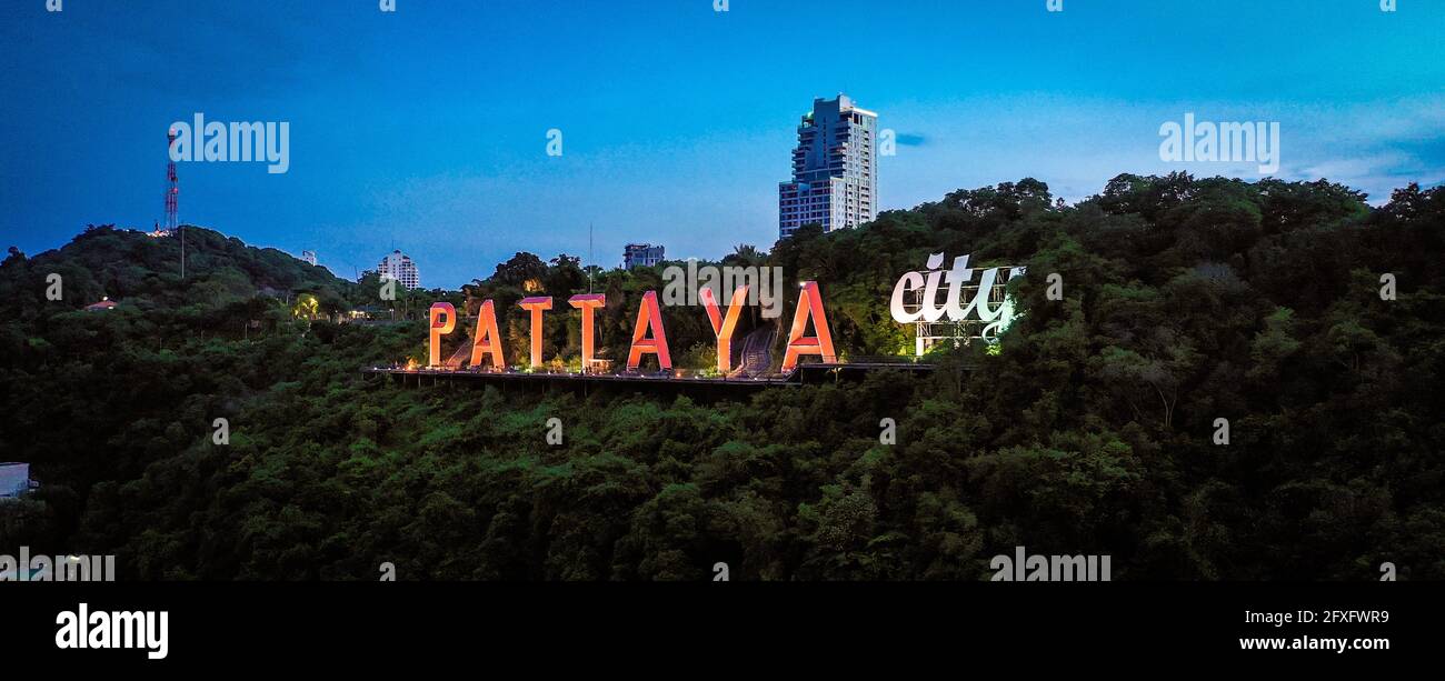 Aerial view of Pattaya city sign, giant letters on the top of the hill ...
