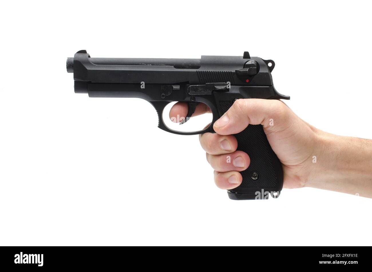 Gun, pistol in hand isolated on white Stock Photo - Alamy