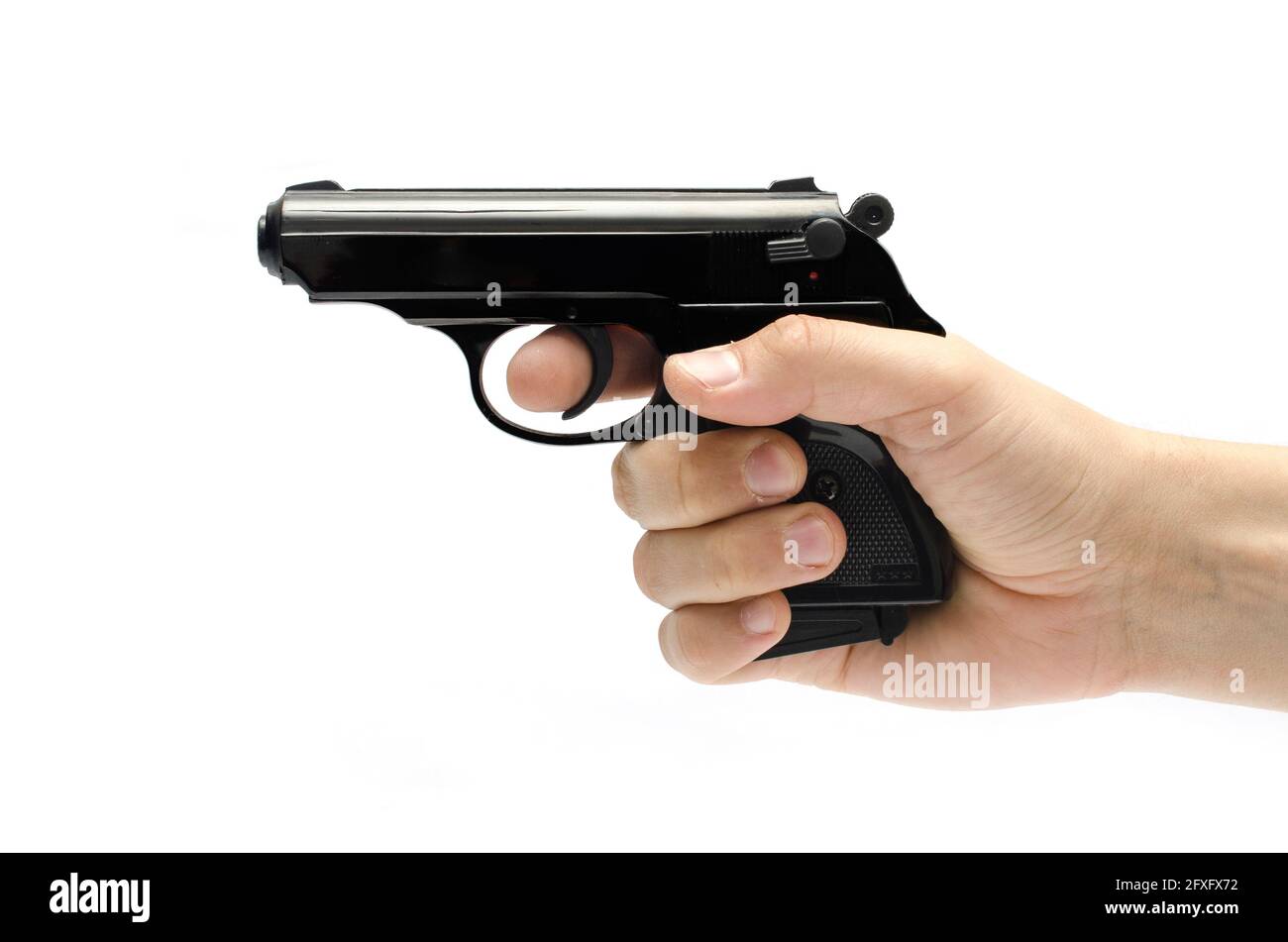 Gun, pistol in hand isolated on white Stock Photo - Alamy