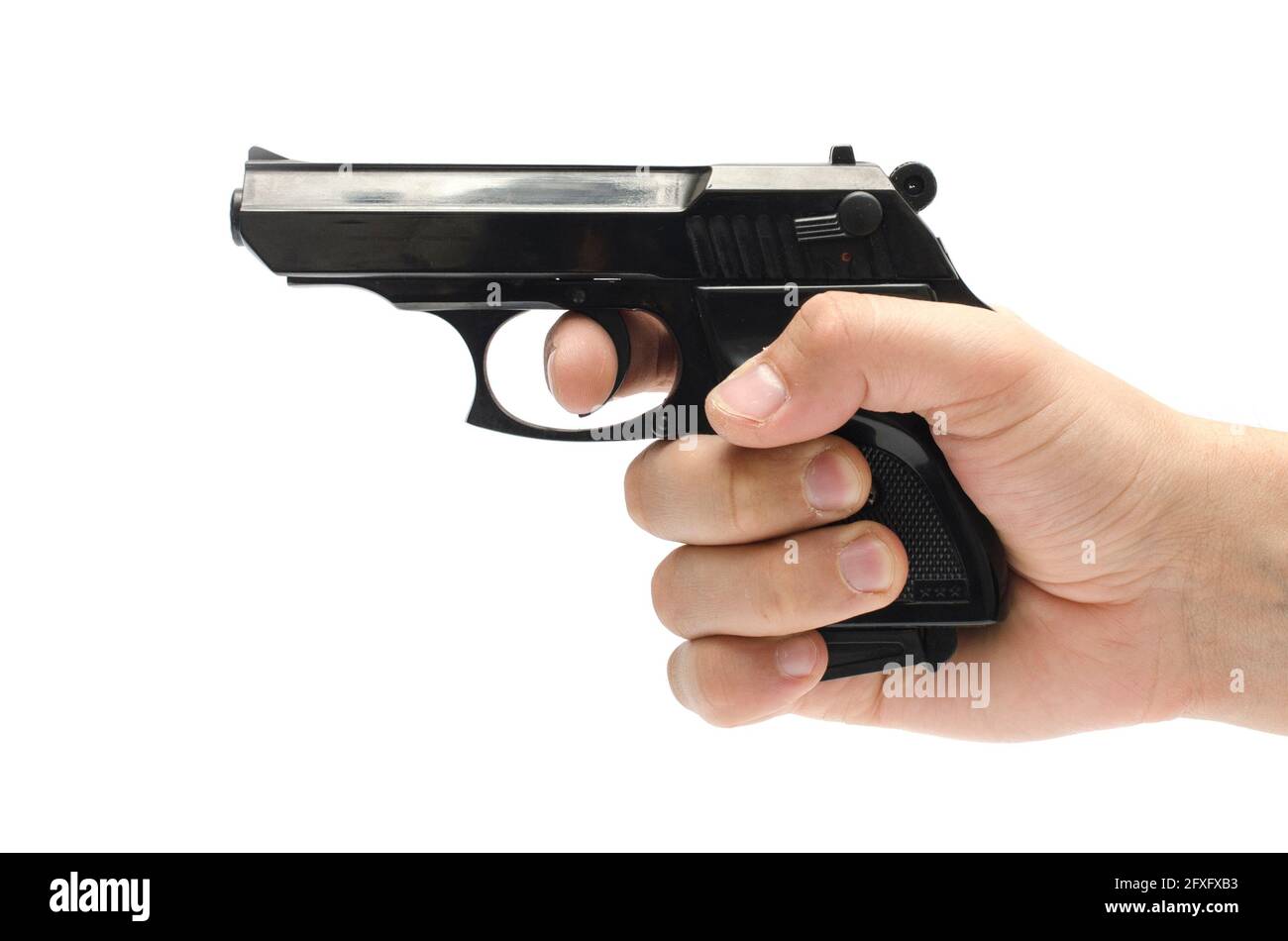 Gun, pistol in hand isolated on white Stock Photo - Alamy