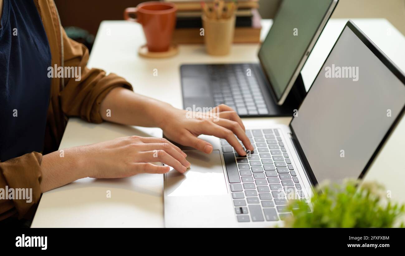 Side view of female hand typing on laptop keyboard on office desk with ...