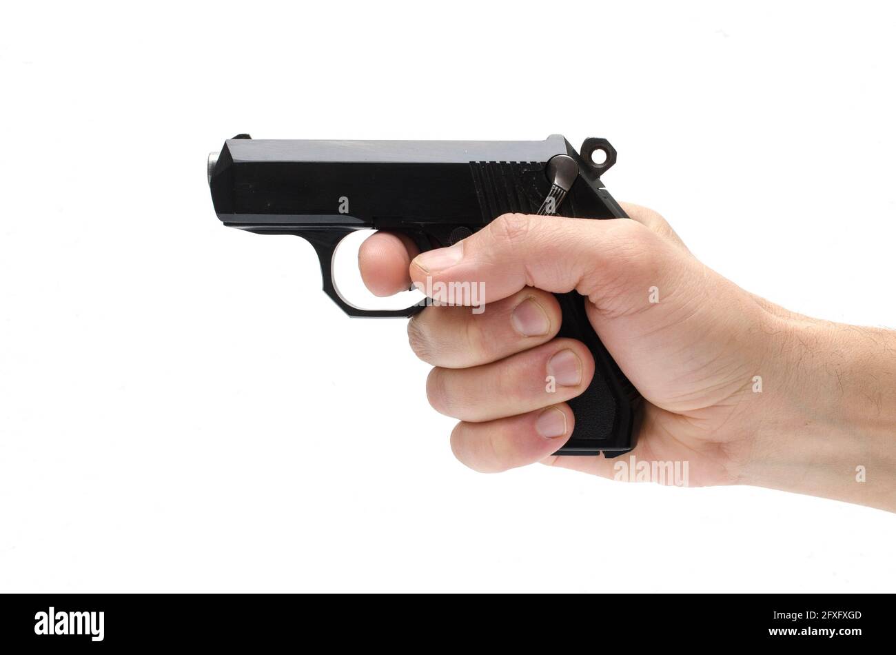 Gun, pistol in hand isolated on white Stock Photo - Alamy