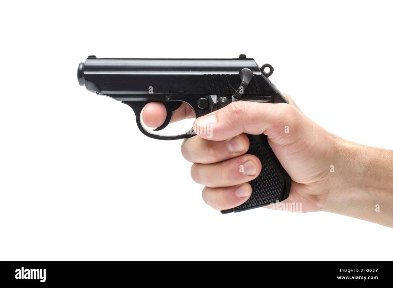 Gun, pistol in hand isolated on white Stock Photo - Alamy