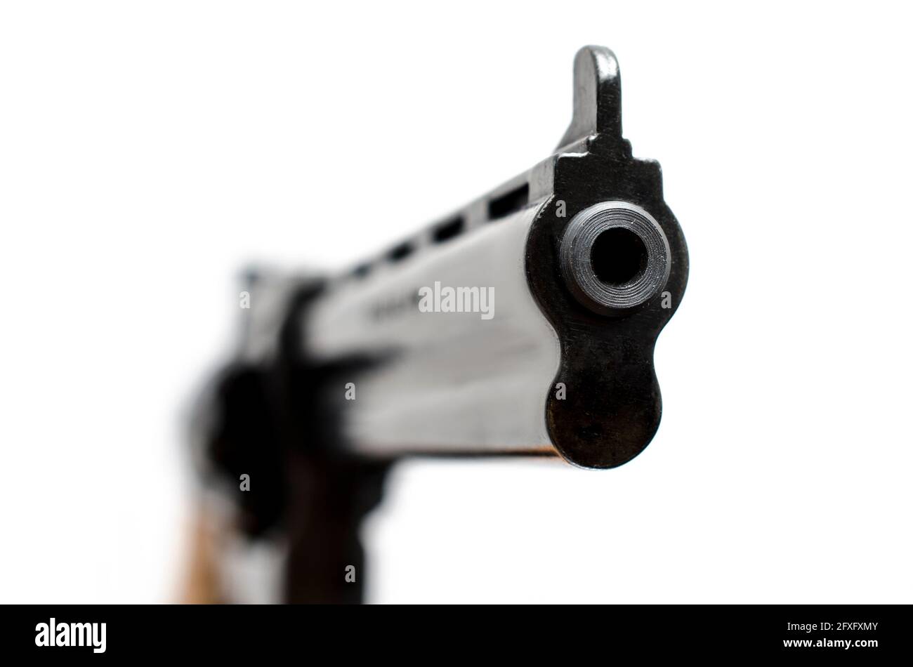 the muzzle of the revolver close-up isolated on white Stock Photo - Alamy