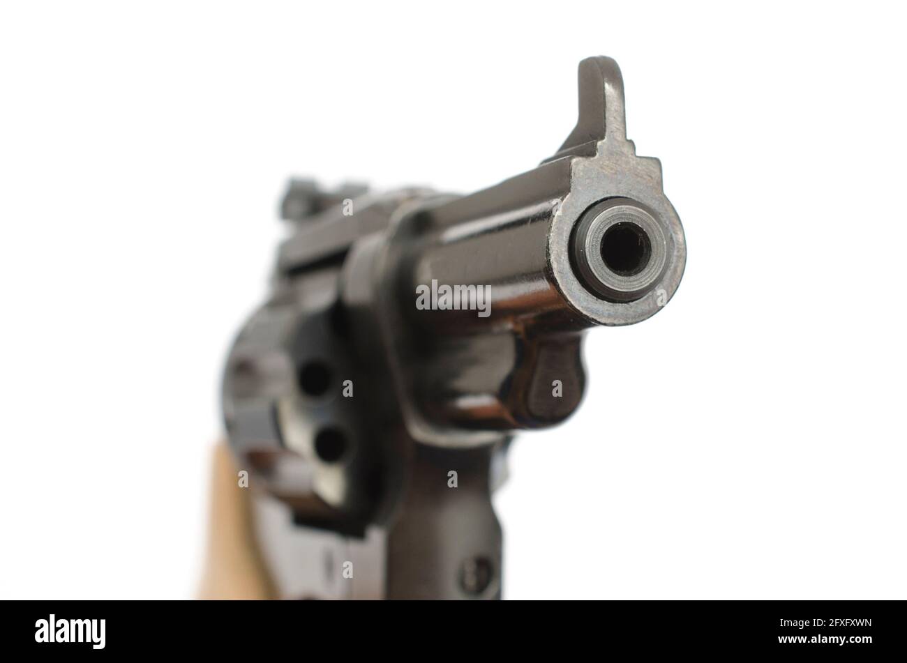 the muzzle of the revolver close-up isolated on white Stock Photo - Alamy