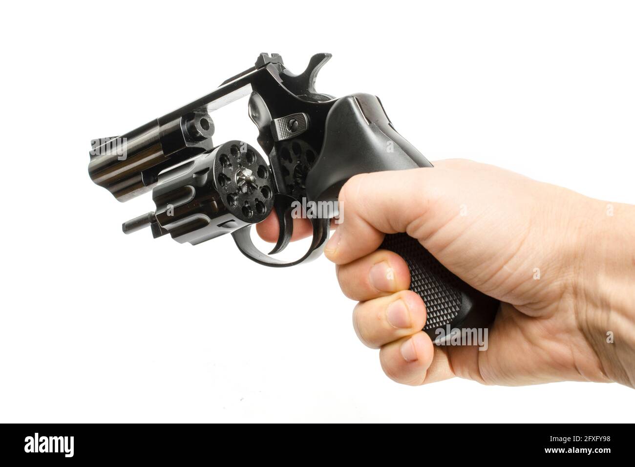 Revolver, gun, pistol in hand isolated on white Stock Photo - Alamy