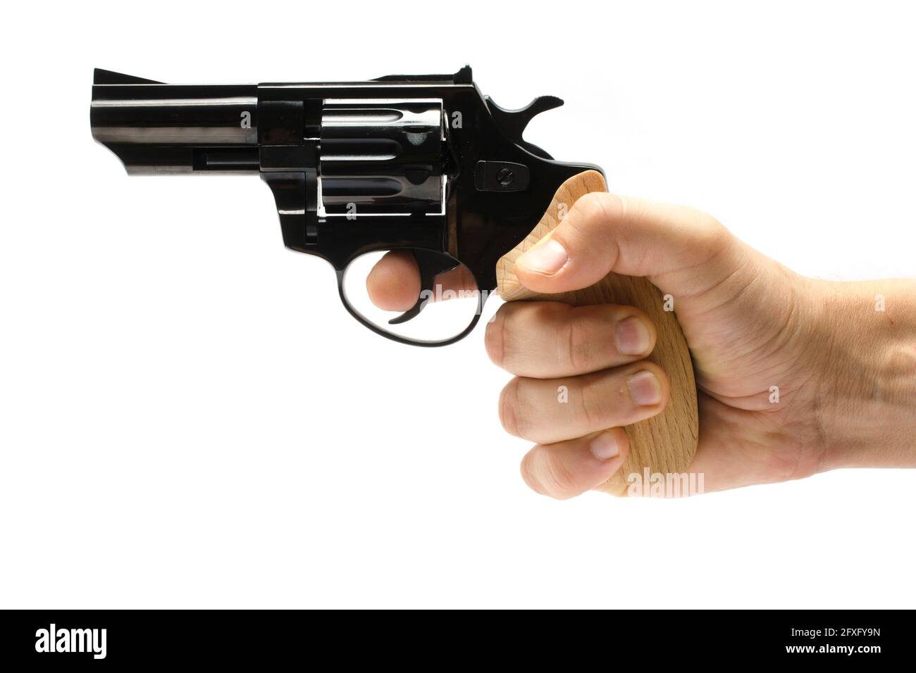 Revolver, gun, pistol in hand isolated on white Stock Photo - Alamy