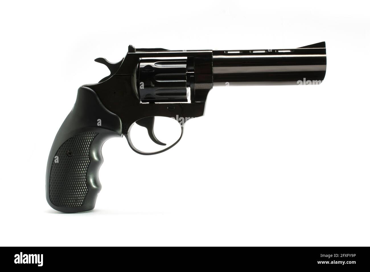 long-barreled revolver with a black plastic handle isolated Stock Photo ...