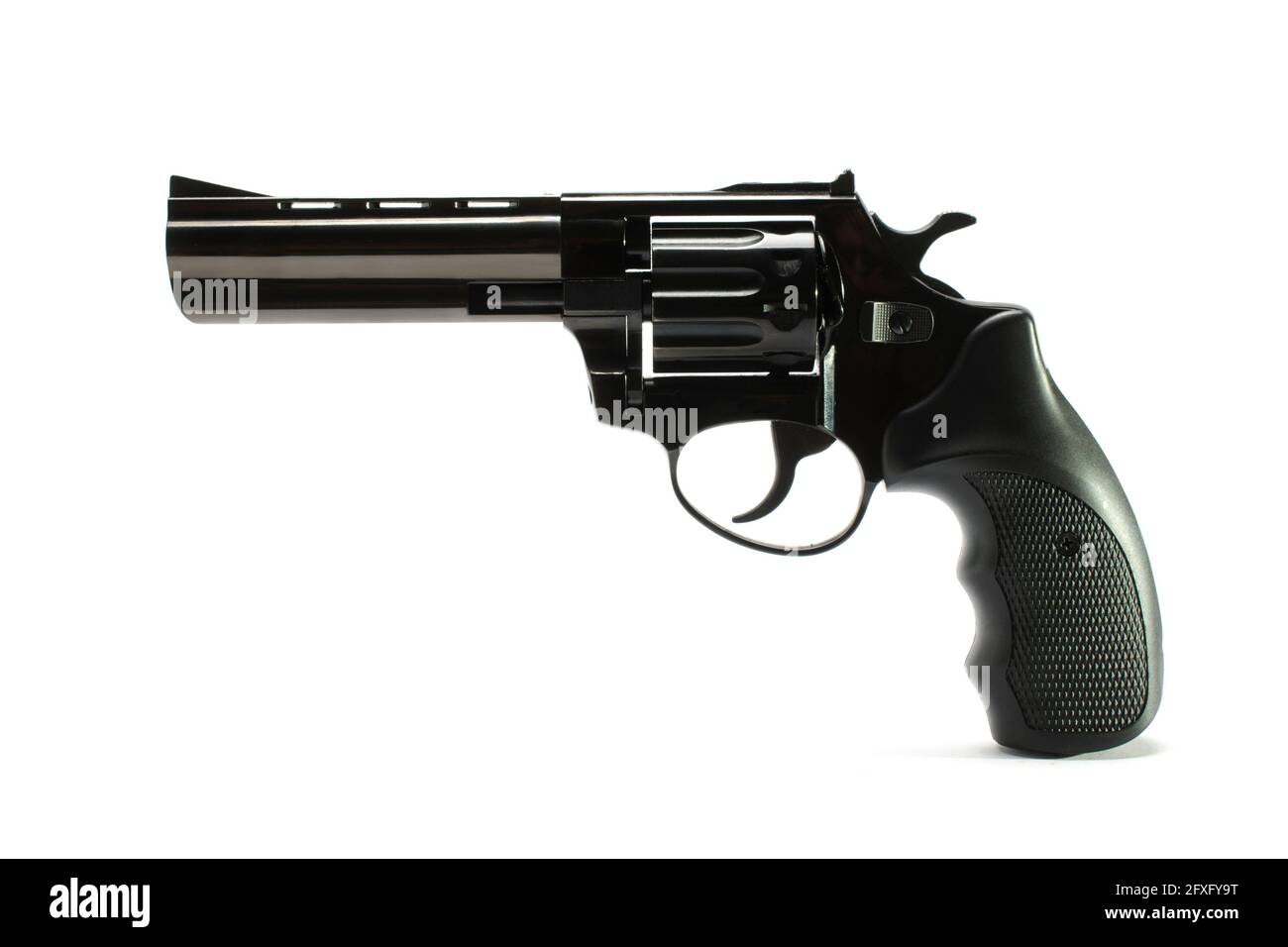long-barreled revolver with a black plastic handle isolated Stock Photo ...