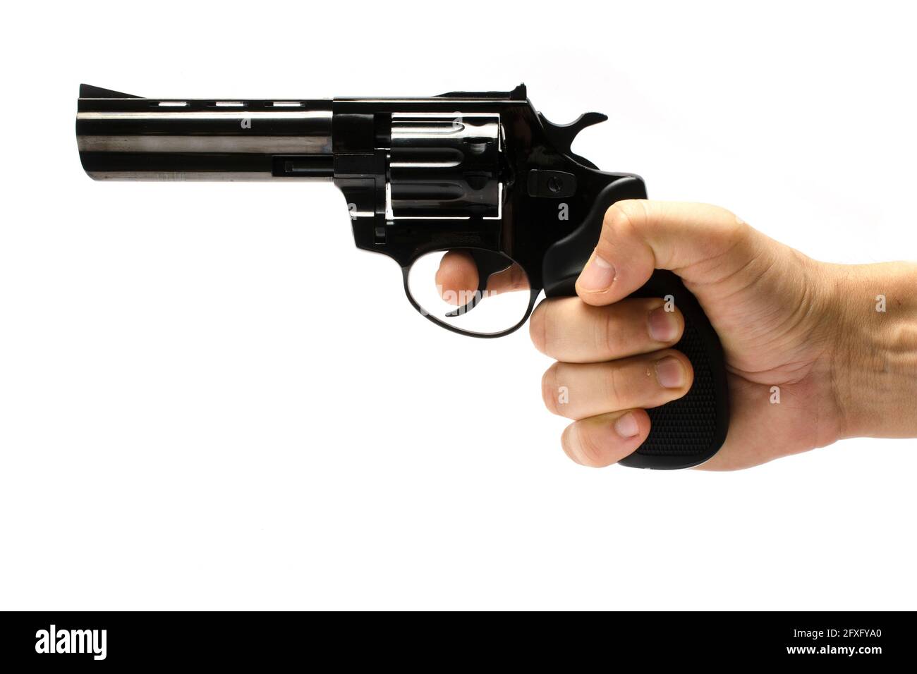 Revolver, gun, pistol in hand isolated on white Stock Photo - Alamy