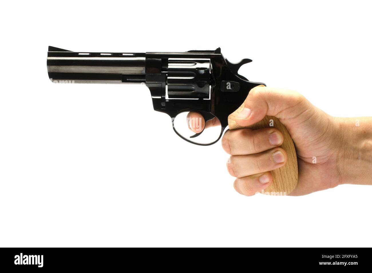 Revolver, gun, pistol in hand isolated on white Stock Photo - Alamy