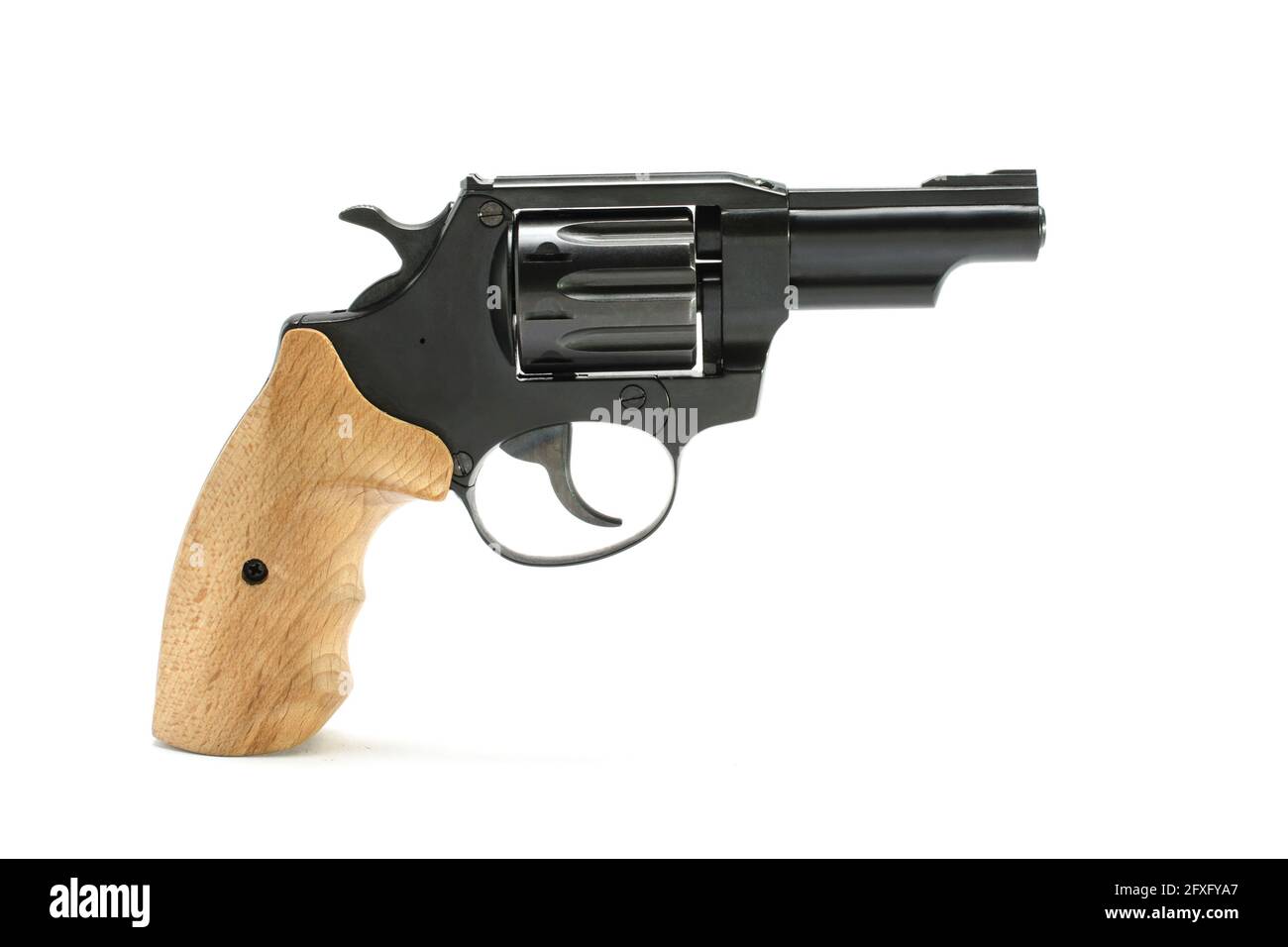 Short-barreled revolver with wooden handle isolated Stock Photo - Alamy