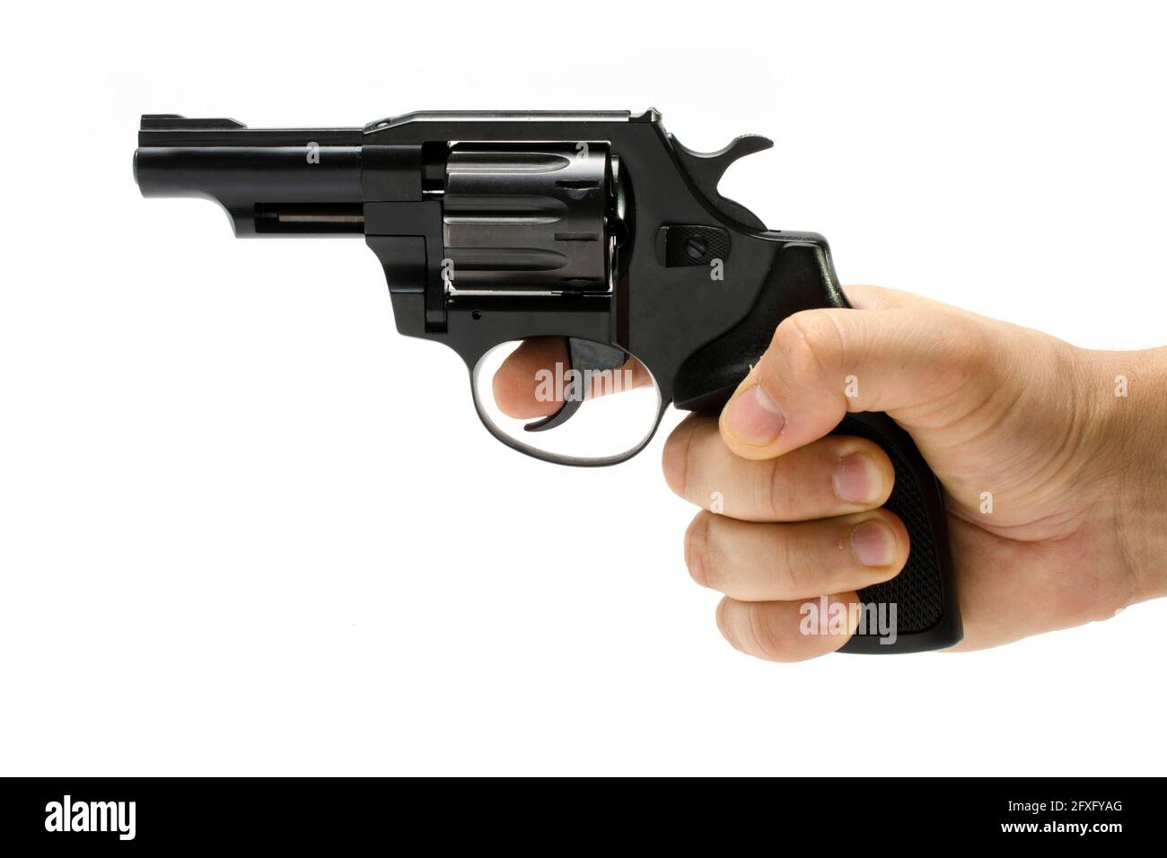 Revolver, gun, pistol in hand isolated on white Stock Photo - Alamy