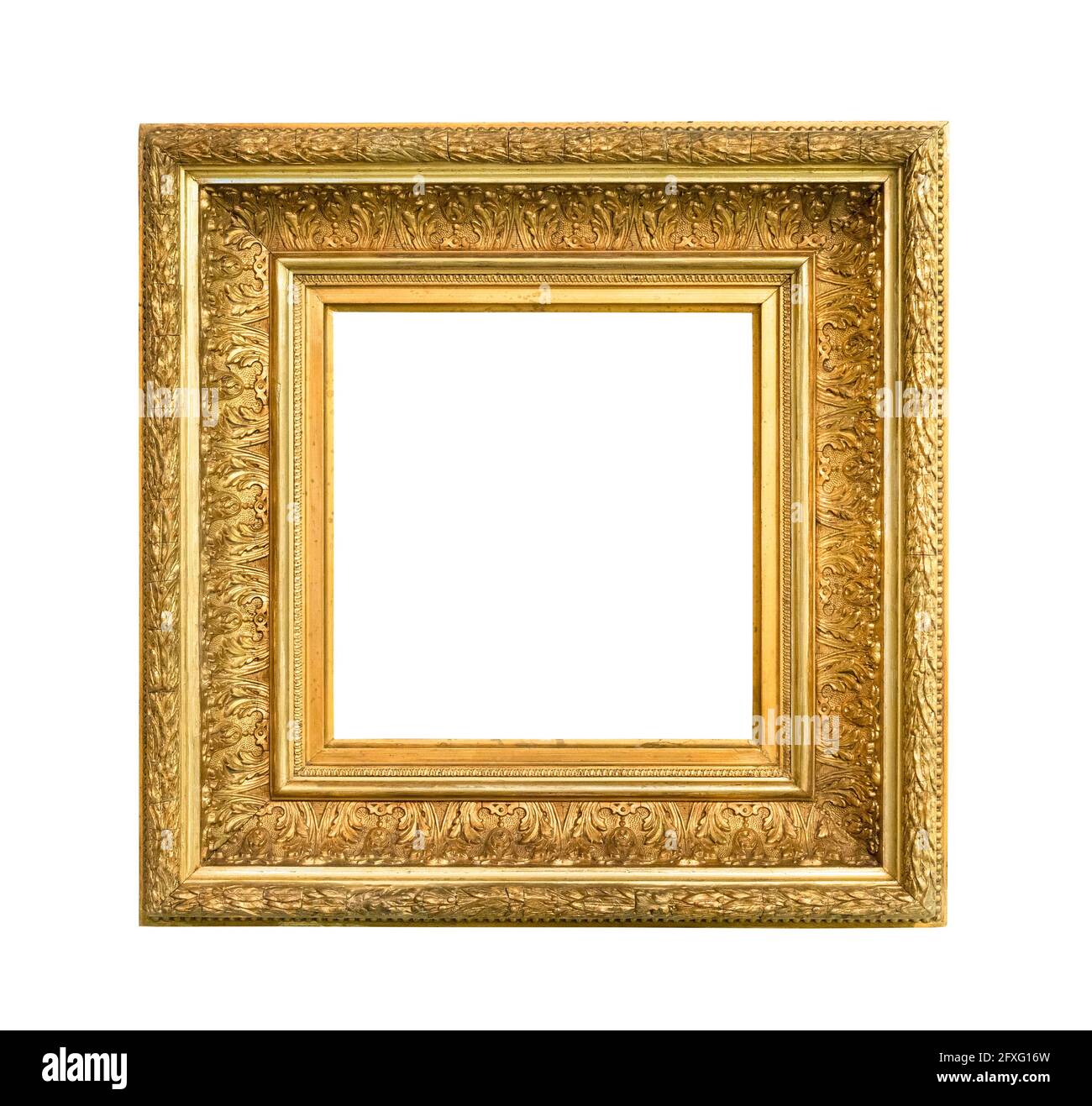 very wide square wooden picture frame with blank canvas cutout on white ...