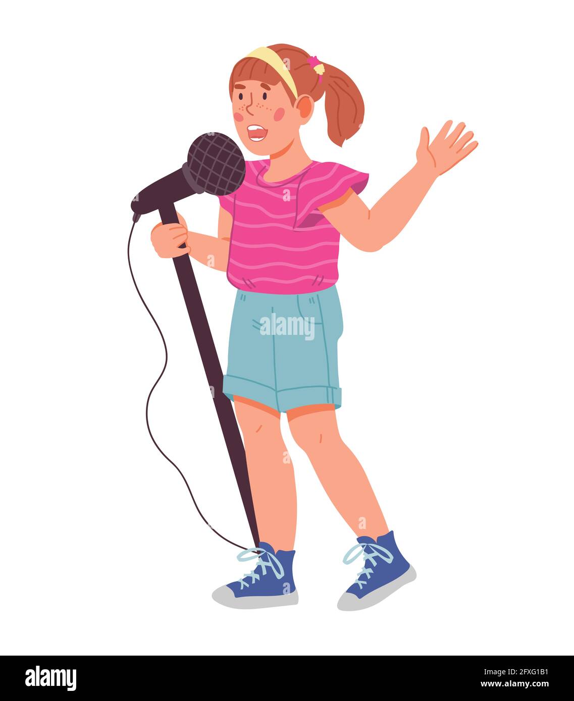 Child girl cartoon character singing with microphone. Children music ...