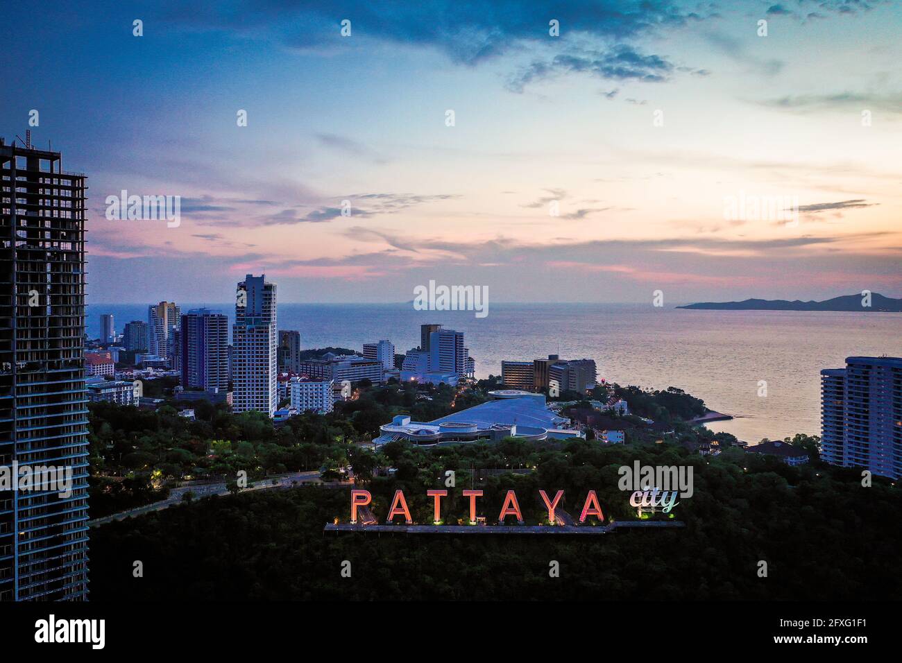 Aerial view of Pattaya city sign, giant letters on the top of the hill ...