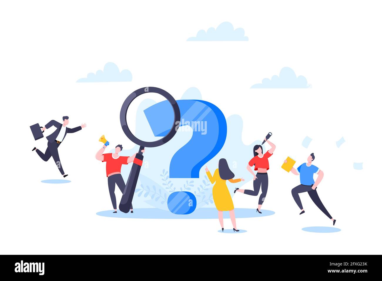 Q and A or FAQ concept with tiny people characters, big question mark ...
