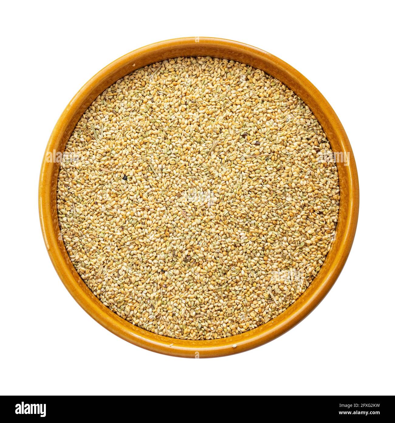 top view of unhulled foxtail millet seeds in round ceramic bowl cutout ...