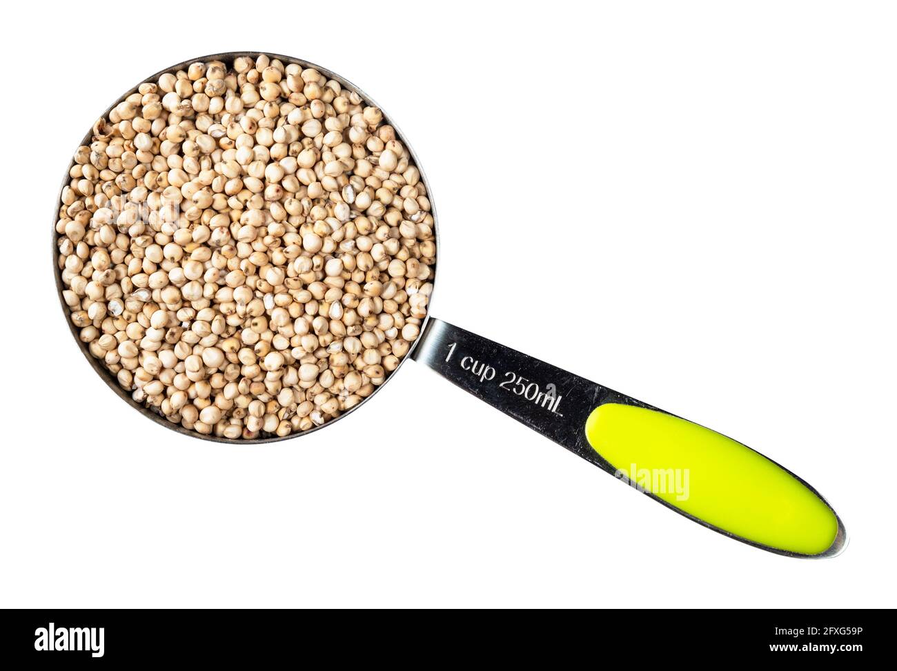 top view of raw unhulled Sorghum grains in measuring cup cutout on ...
