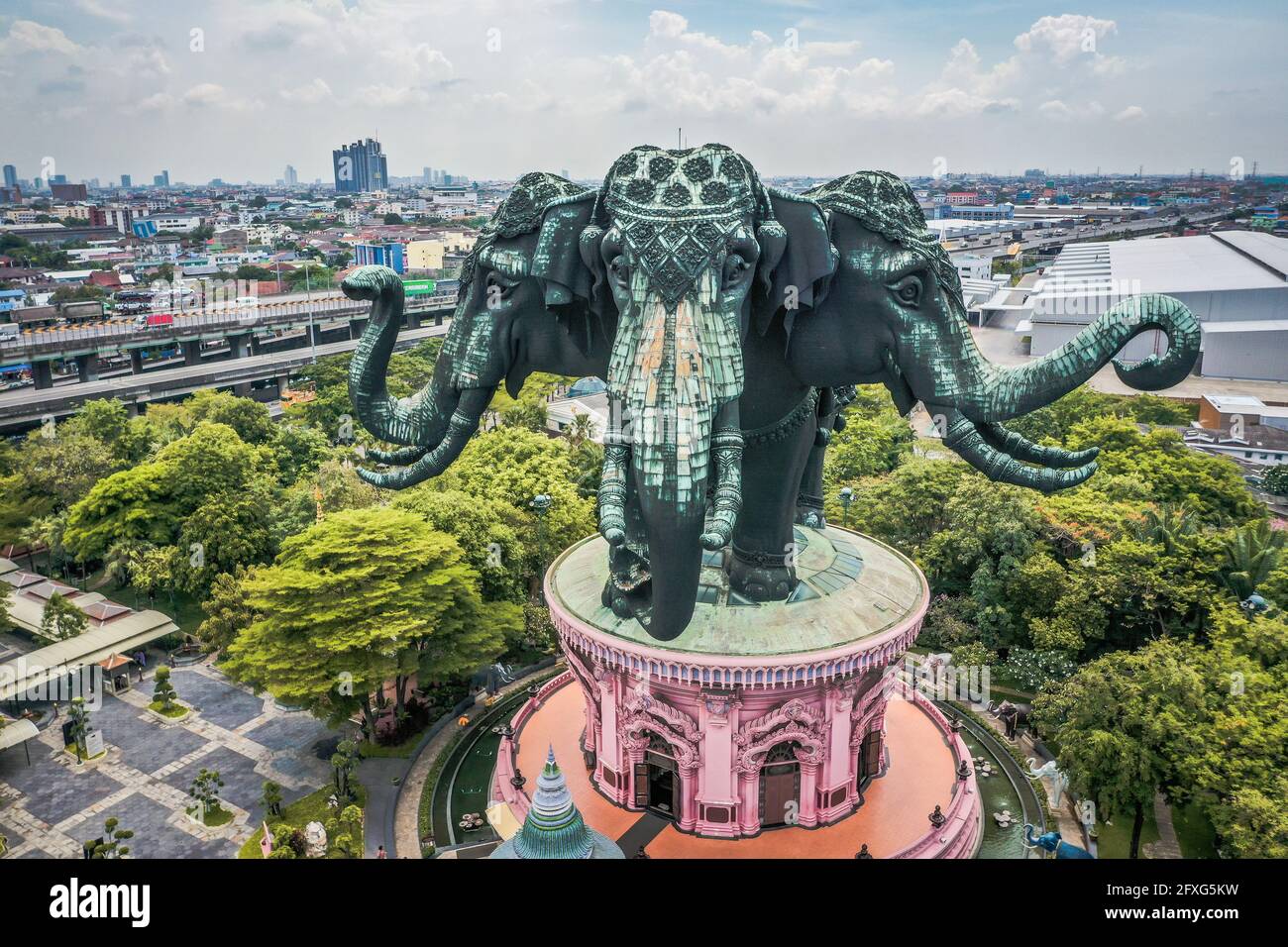 Aerial view of Erawan 3 headed elephant statue in Bangkok, Thailand ...