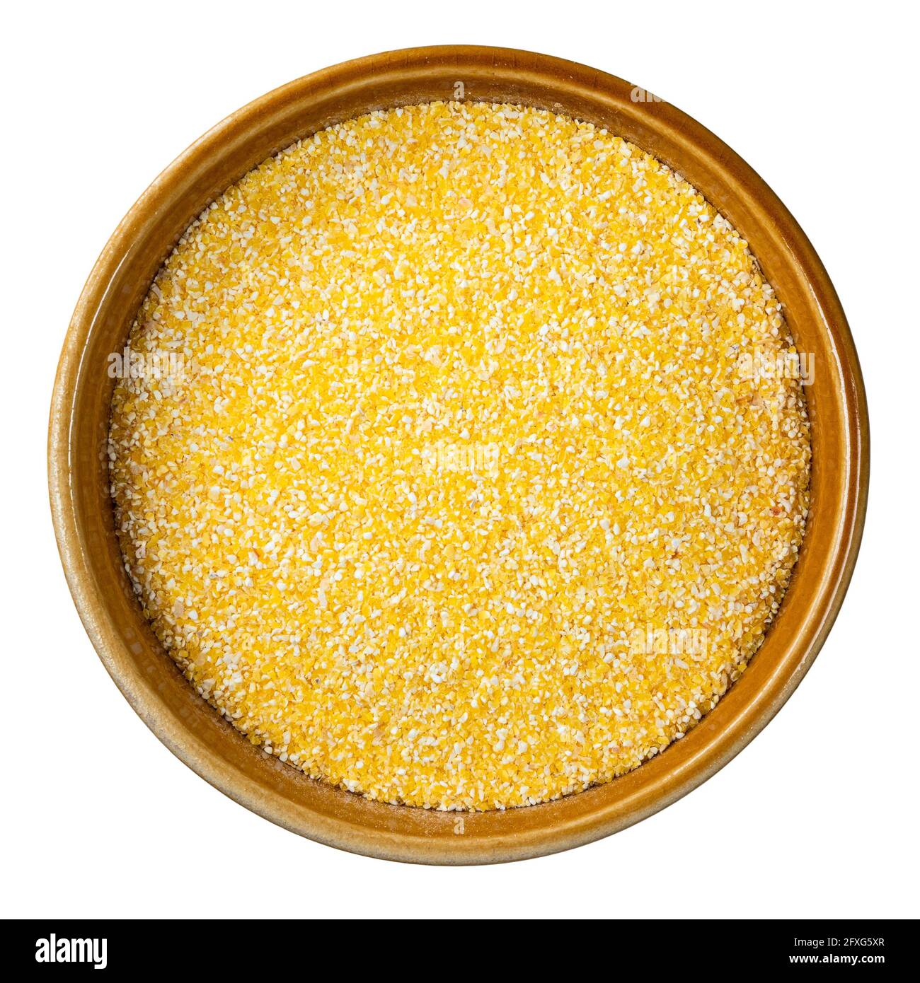 top view of coarse ground cornmeal in round bowl cutout on white ...