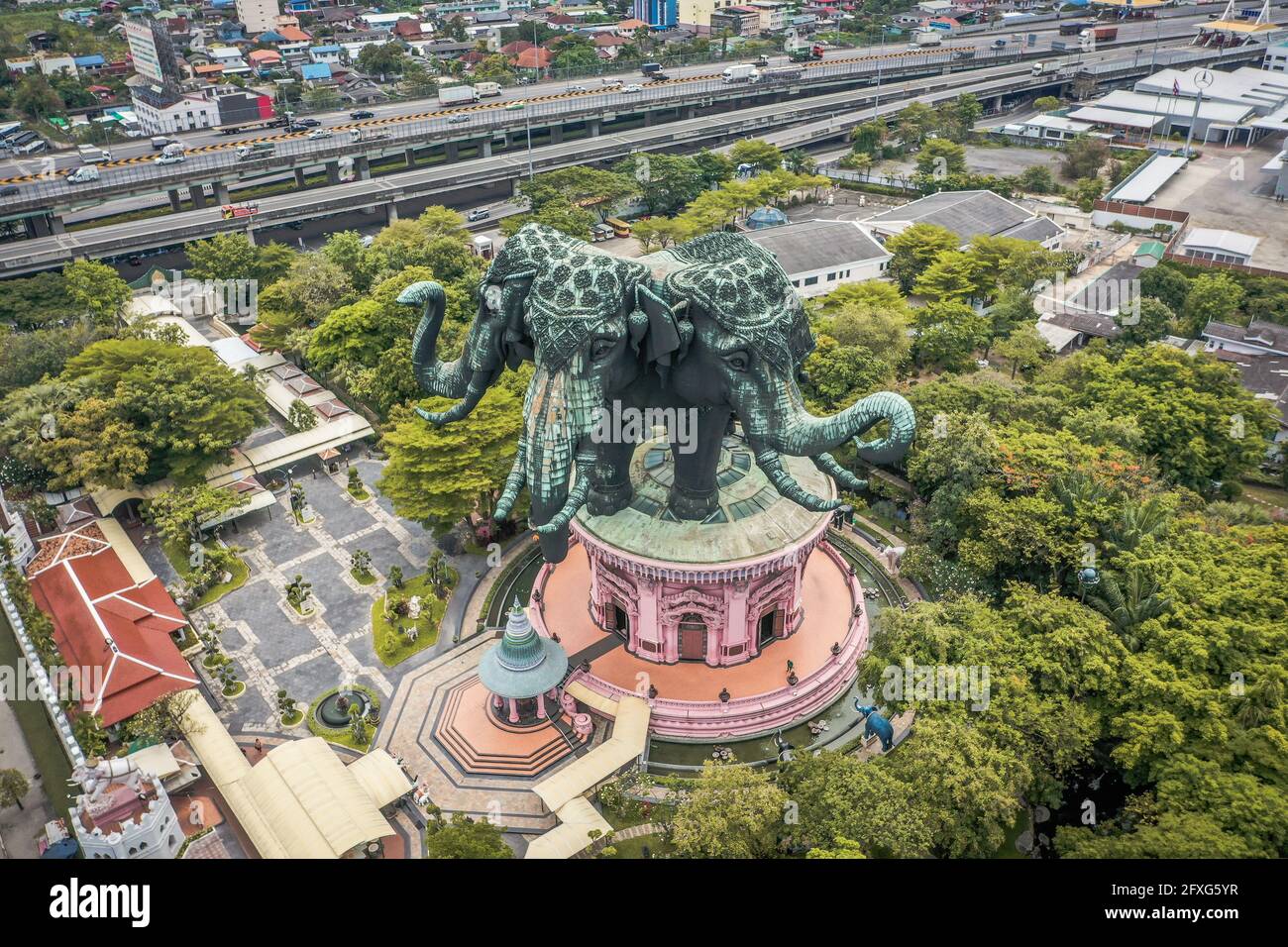 Aerial view of Erawan 3 headed elephant statue in Bangkok, Thailand ...