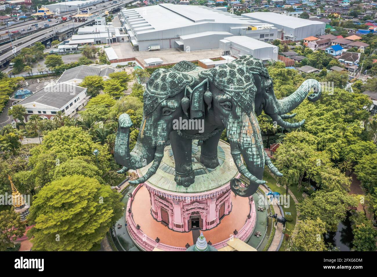 Aerial view of Erawan 3 headed elephant statue in Bangkok, Thailand ...
