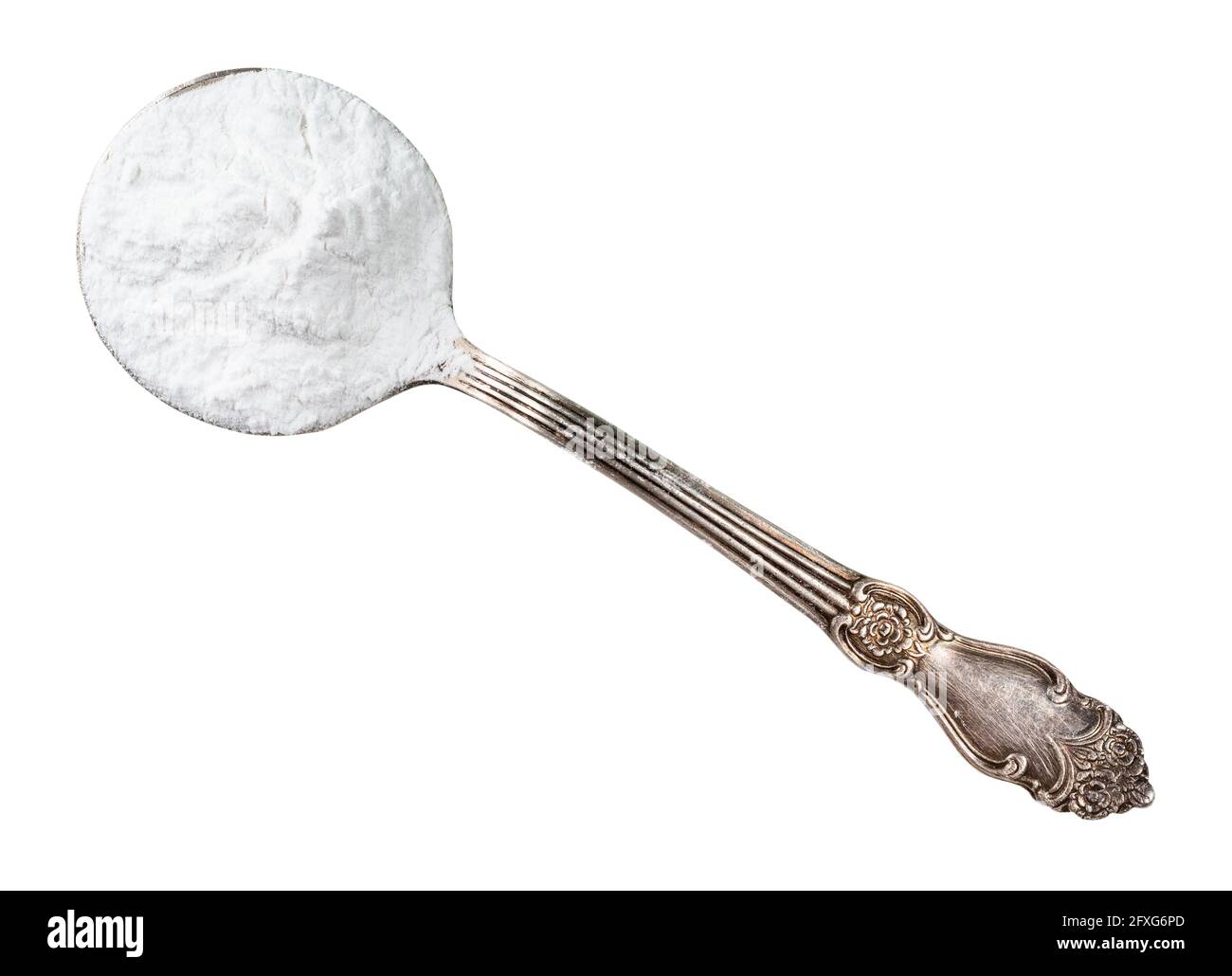 top view of potato starch in silver tablespoon cutout on white ...