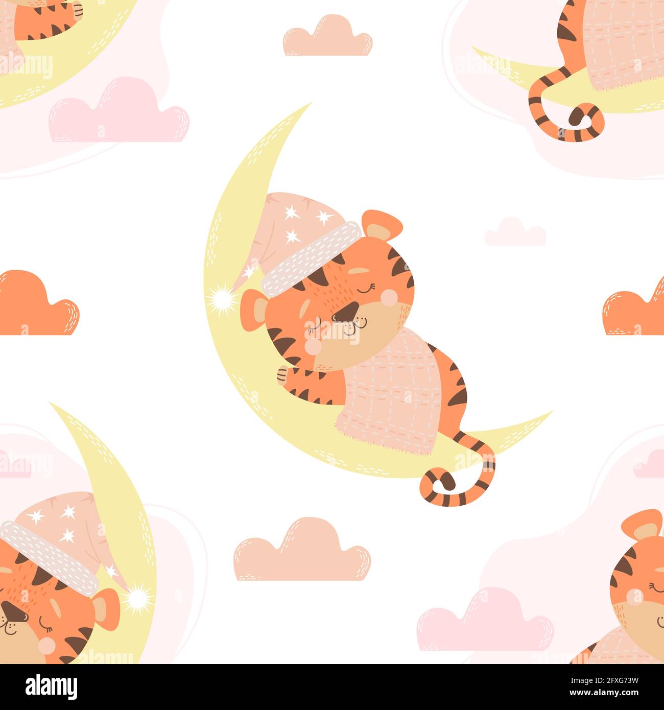 Seamless background. A cute sleeping animal tiger in a cap and under a ...