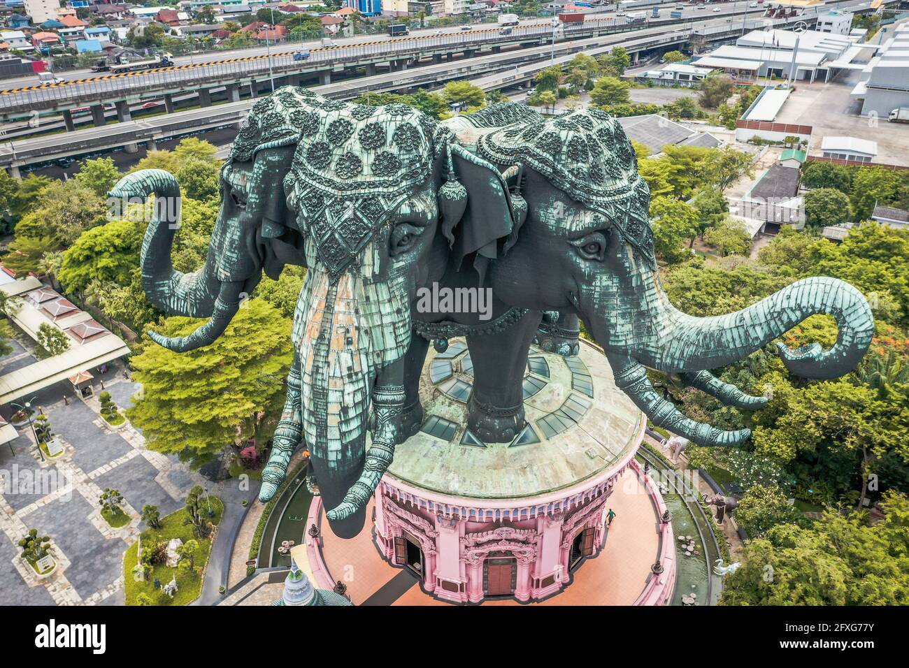 Aerial view of Erawan 3 headed elephant statue in Bangkok, Thailand ...
