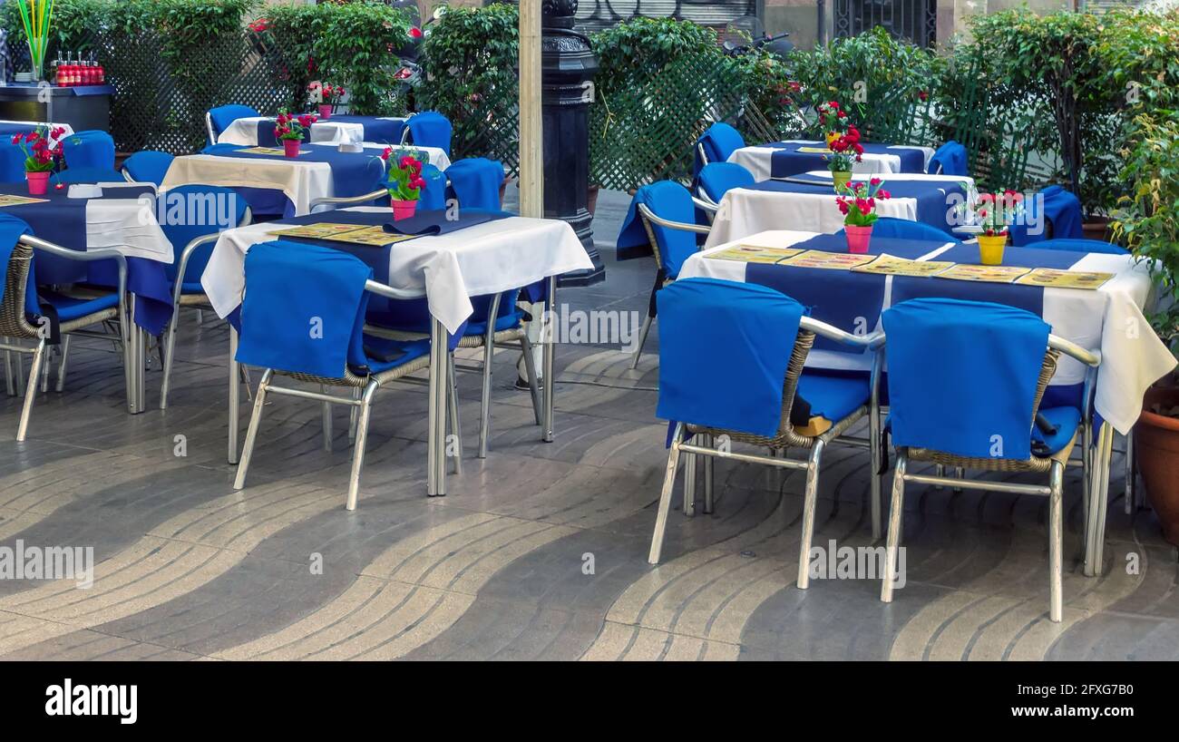 Table of Street Cafe terrace exterior Outdoor Restaurant or Bar in City ...