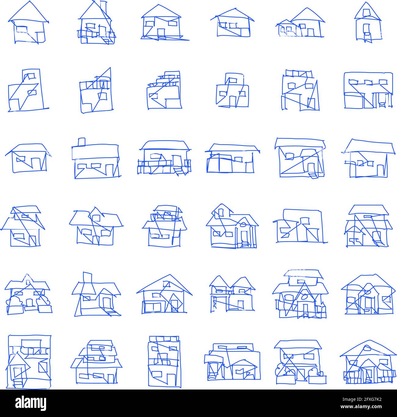 House icon set of rough line art in hand drawn style, one line, blue ...