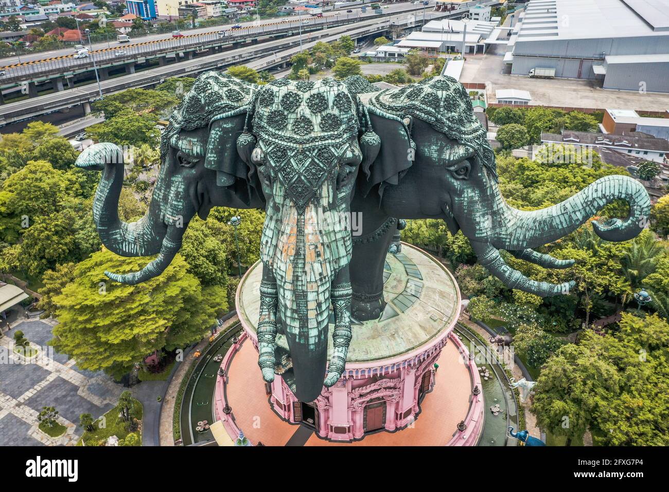 Aerial view of Erawan 3 headed elephant statue in Bangkok, Thailand ...
