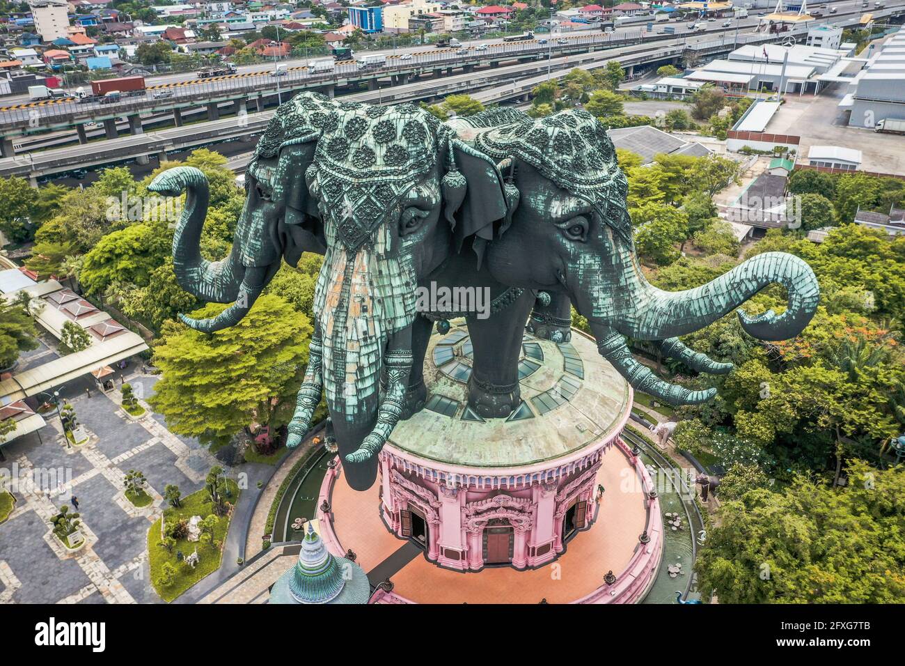 Aerial view of Erawan 3 headed elephant statue in Bangkok, Thailand ...