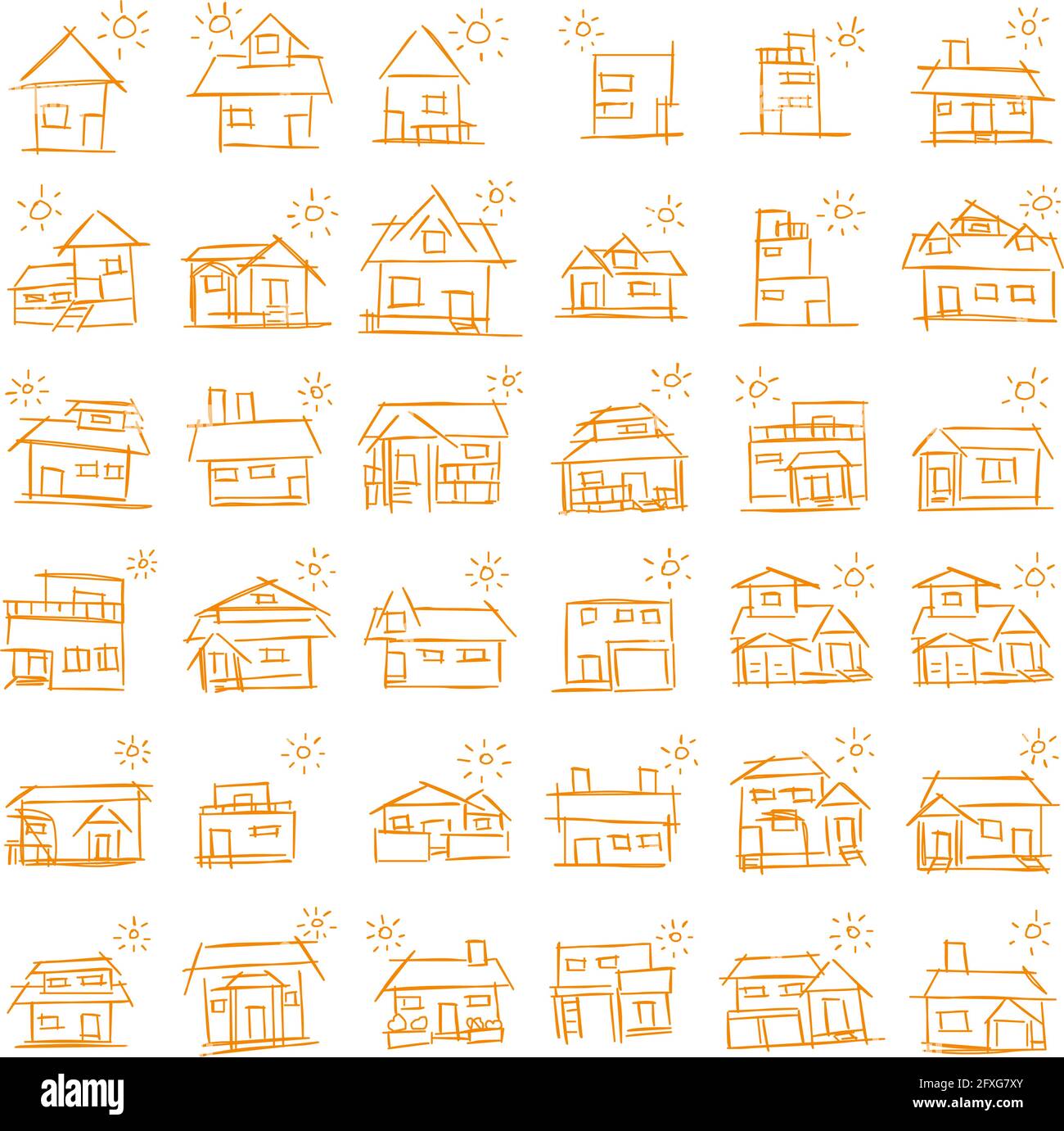 House icon set of rough line art in hand drawn style, sun, orange Stock ...
