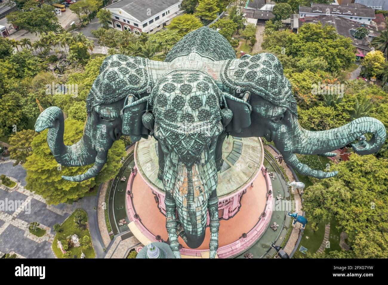 Aerial view of Erawan 3 headed elephant statue in Bangkok, Thailand ...
