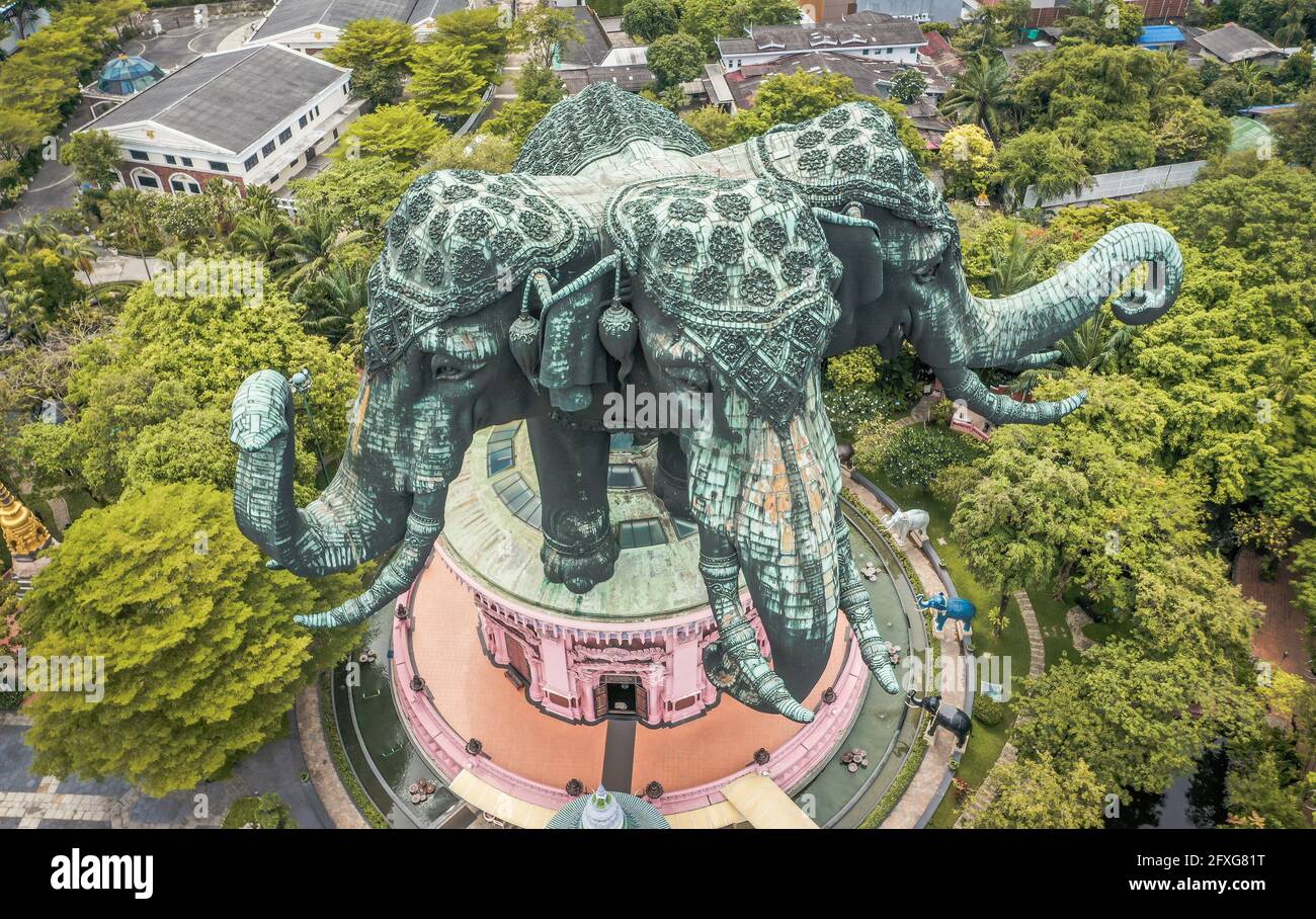 Aerial view of Erawan 3 headed elephant statue in Bangkok, Thailand ...