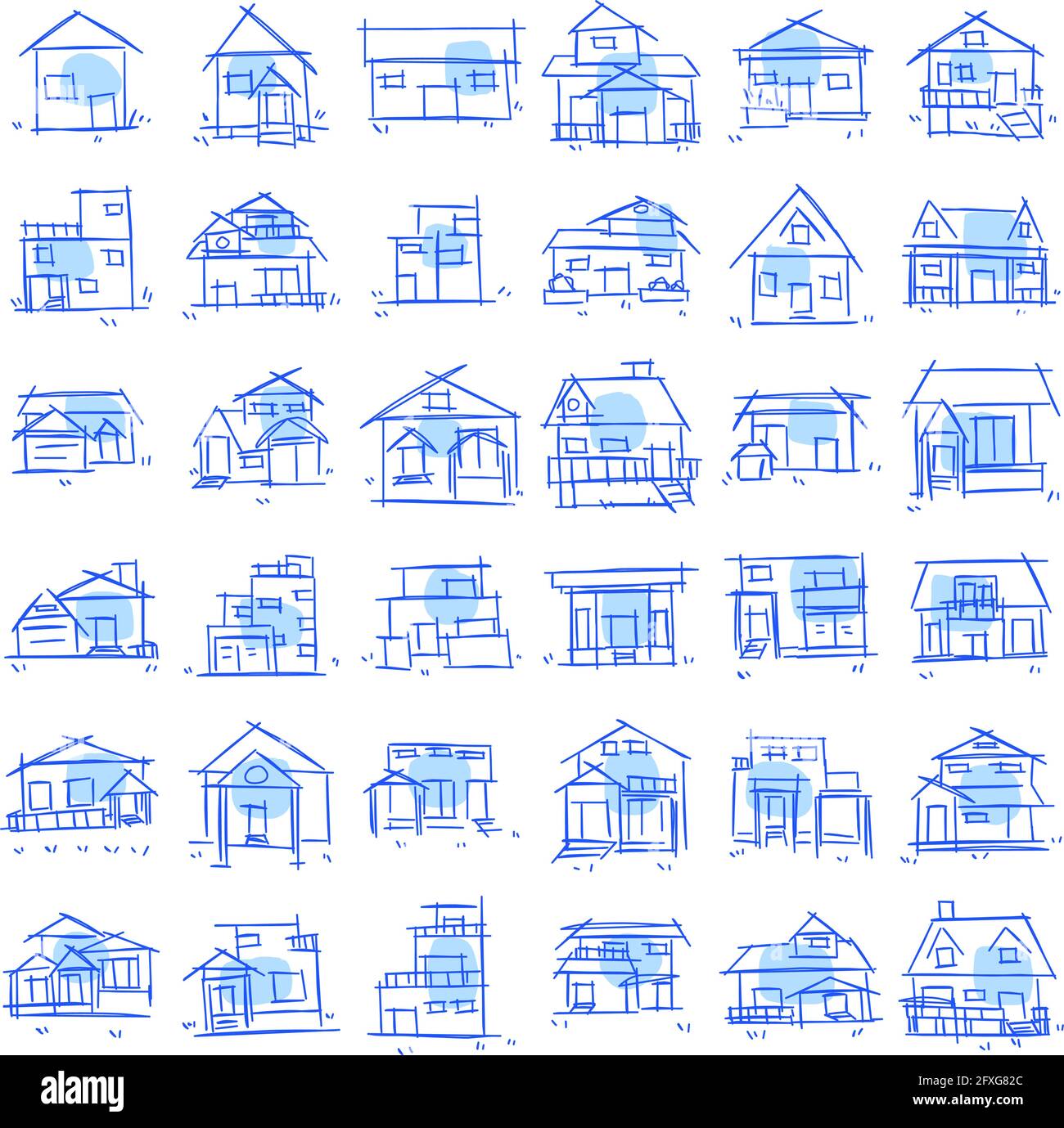 House icon set of rough line art in hand drawn style, point, blue Stock ...