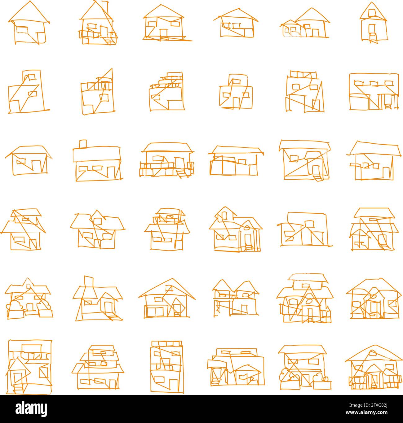 House icon set of rough line art in hand drawn style, one line, orange ...