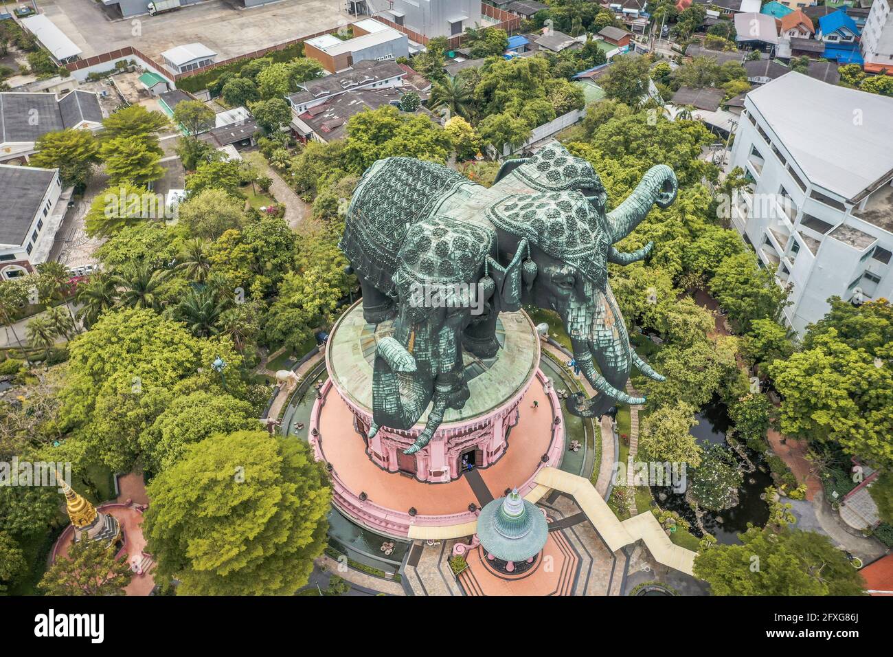 Aerial view of Erawan 3 headed elephant statue in Bangkok, Thailand ...