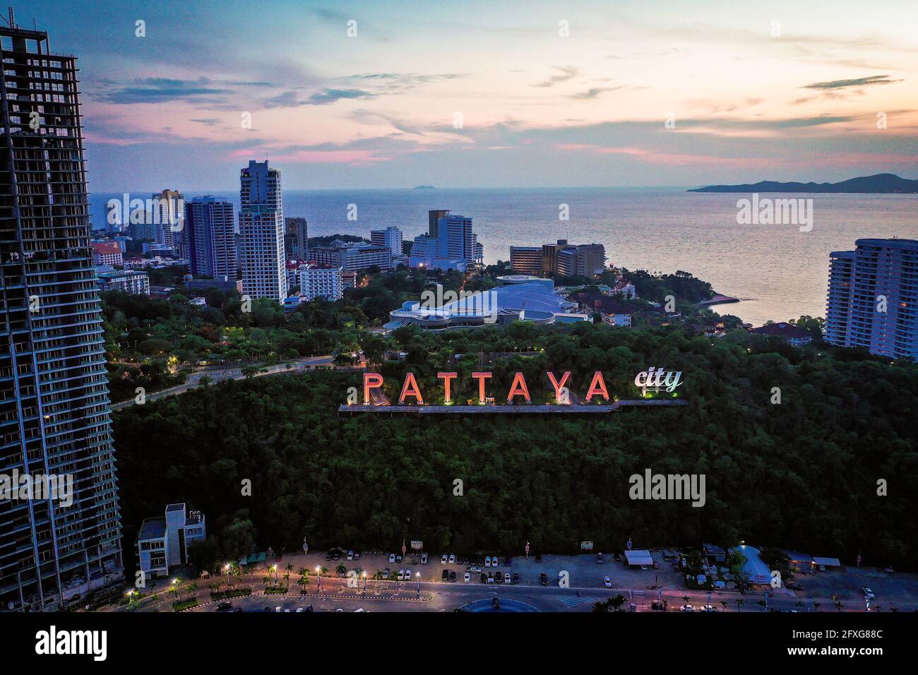 Aerial view of Pattaya city sign, giant letters on the top of the hill ...
