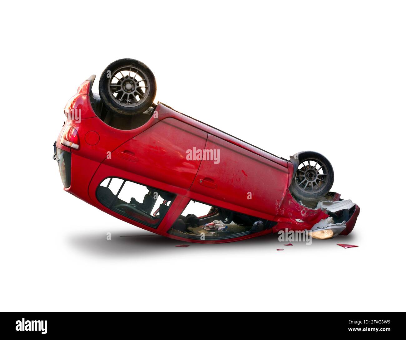 Upside down car isolated on white after an accident Stock Photo - Alamy
