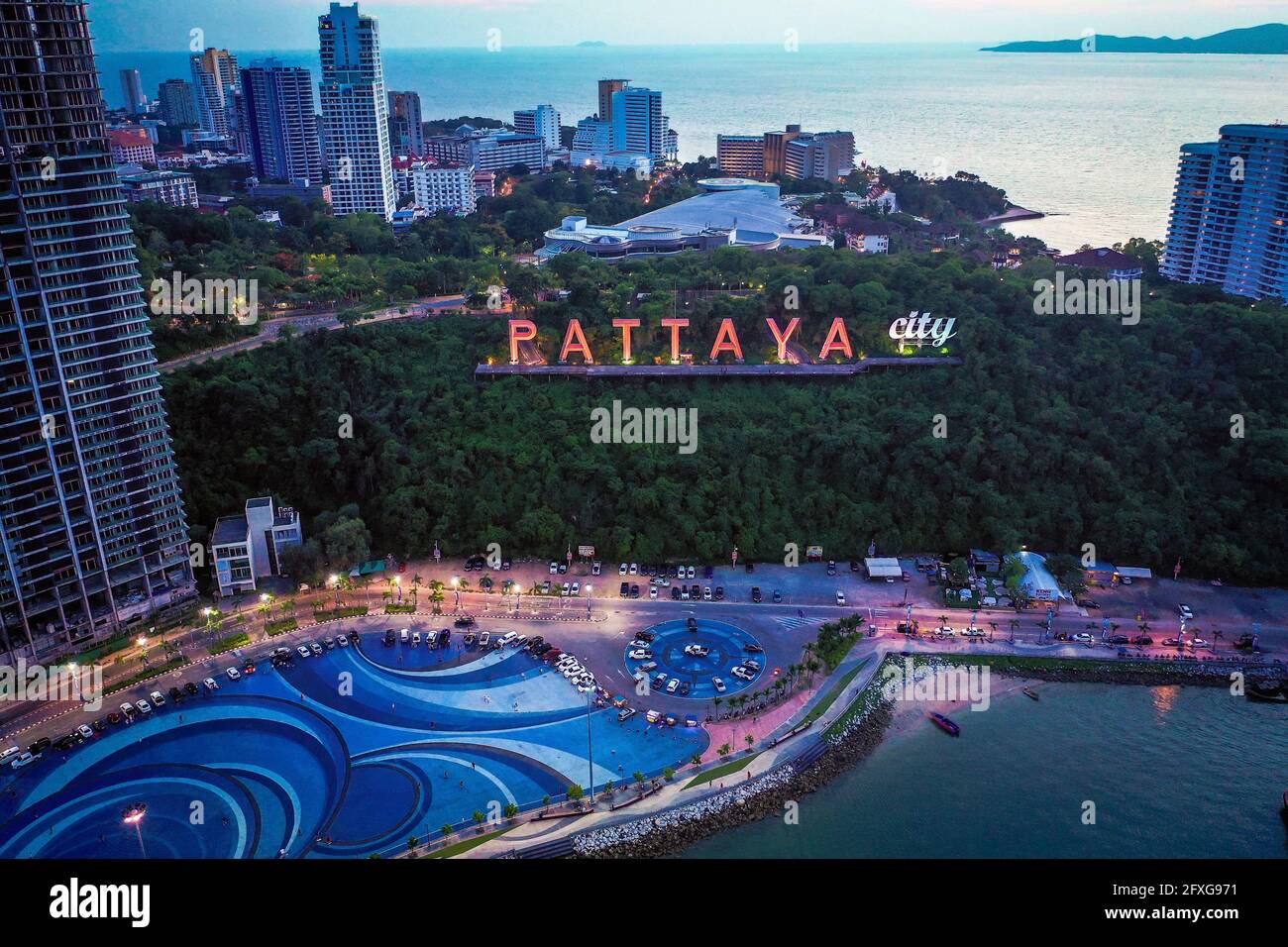 Aerial view of Pattaya city sign, giant letters on the top of the hill ...