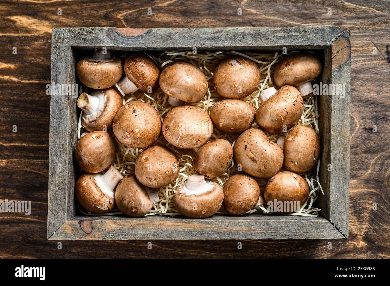 Raw Fresh champignon mushrooms in a wooden box. Dark background. Top ...