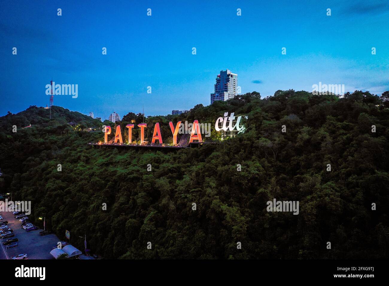 Aerial view of Pattaya city sign, giant letters on the top of the hill ...