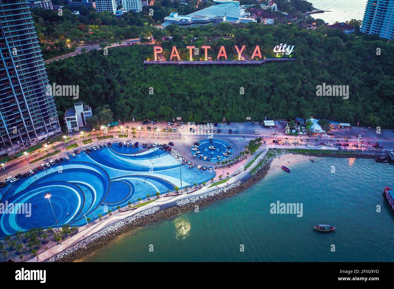 Aerial view of Pattaya city sign, giant letters on the top of the hill ...