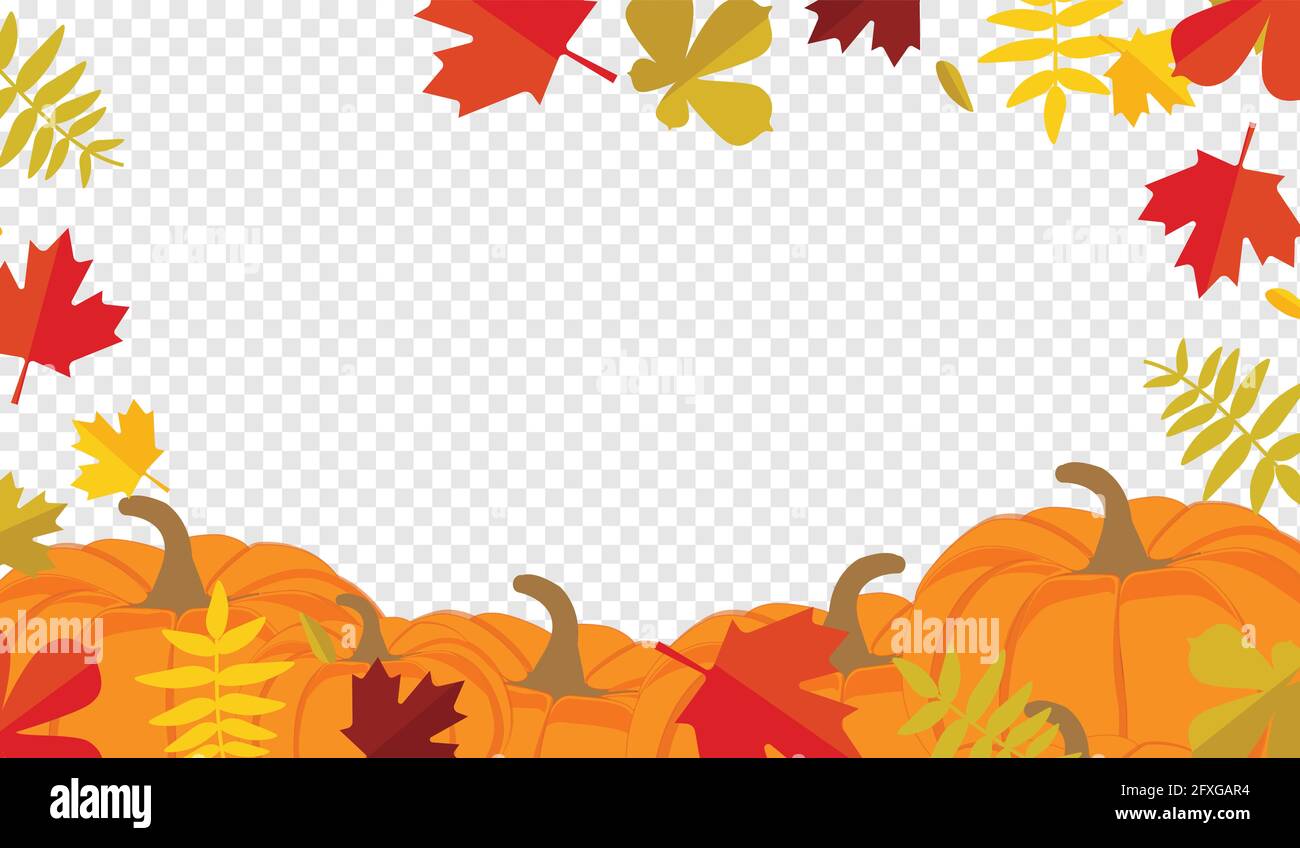 Autumn leaves and pumpkins border frame with space text on transparent ...